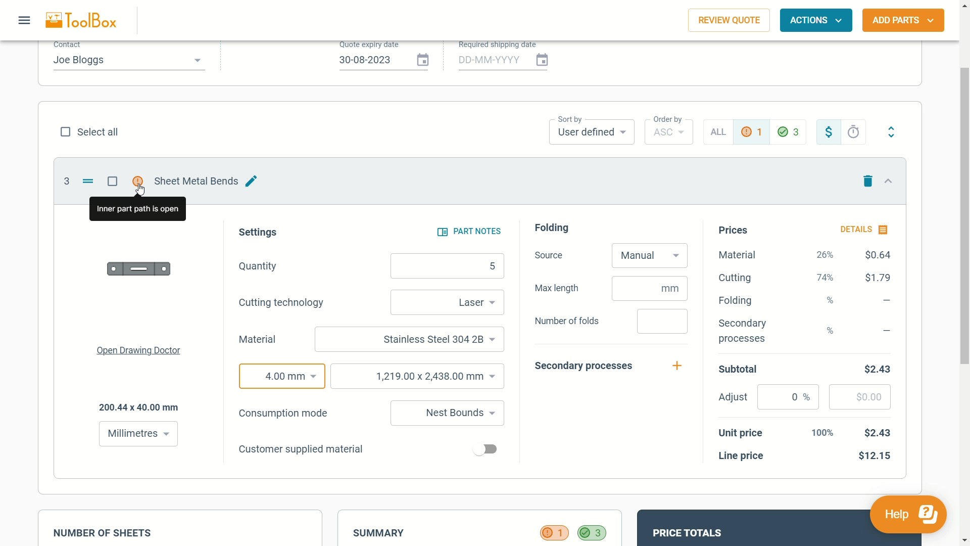 ToolBox new laser cutting quoting experience - Tempus Tools